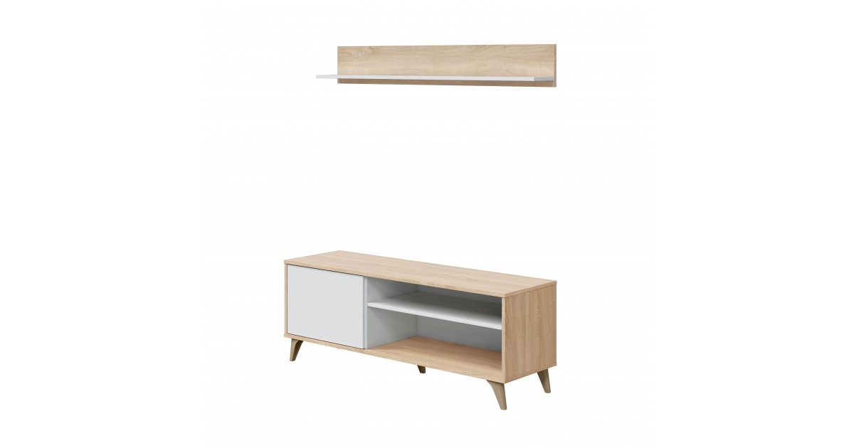 Mobile TV 135 Cm Con Anta E Mensola Bianco E Rovere Kikua Plus