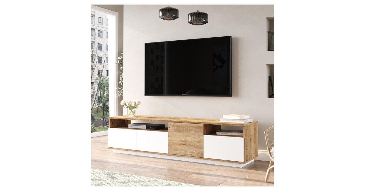 Mobile Porta Tv Da Terra 180x45x45 Bianco E Rovere Con Vani Force