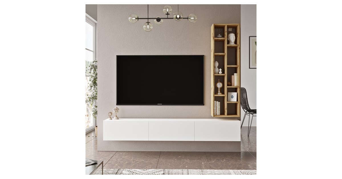 Mobile TV Sospeso Bianco 175 Cm Con Libreria Rovere Effetto Legno Luvio