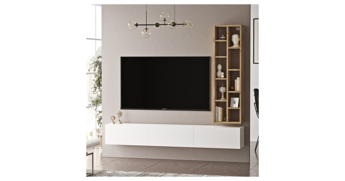 Mobile TV Sospeso Bianco 175 Cm Con Libreria Rovere Effetto Legno Luvio