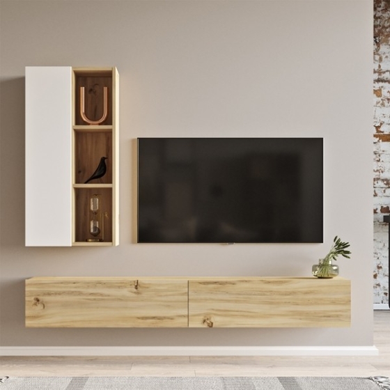 Mobile TV Sospeso Rovere Effetto Legno 175 Cm Con Libreria Luvio