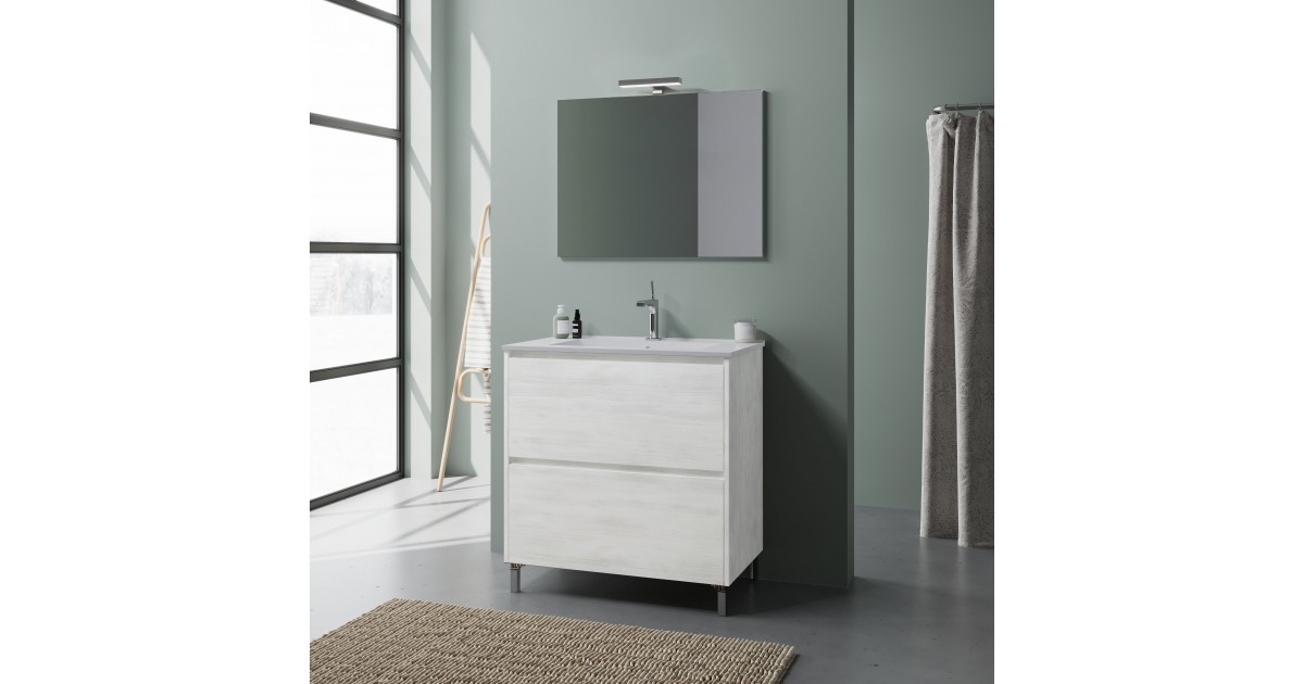 Mobile Bagno Con Piedini 2 Cassetti 80 Cm Lisbona Rovere Bianco