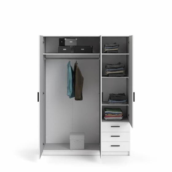 Armadio Guardaroba 3 Ante 3 Cassetti 150 cm Bianco