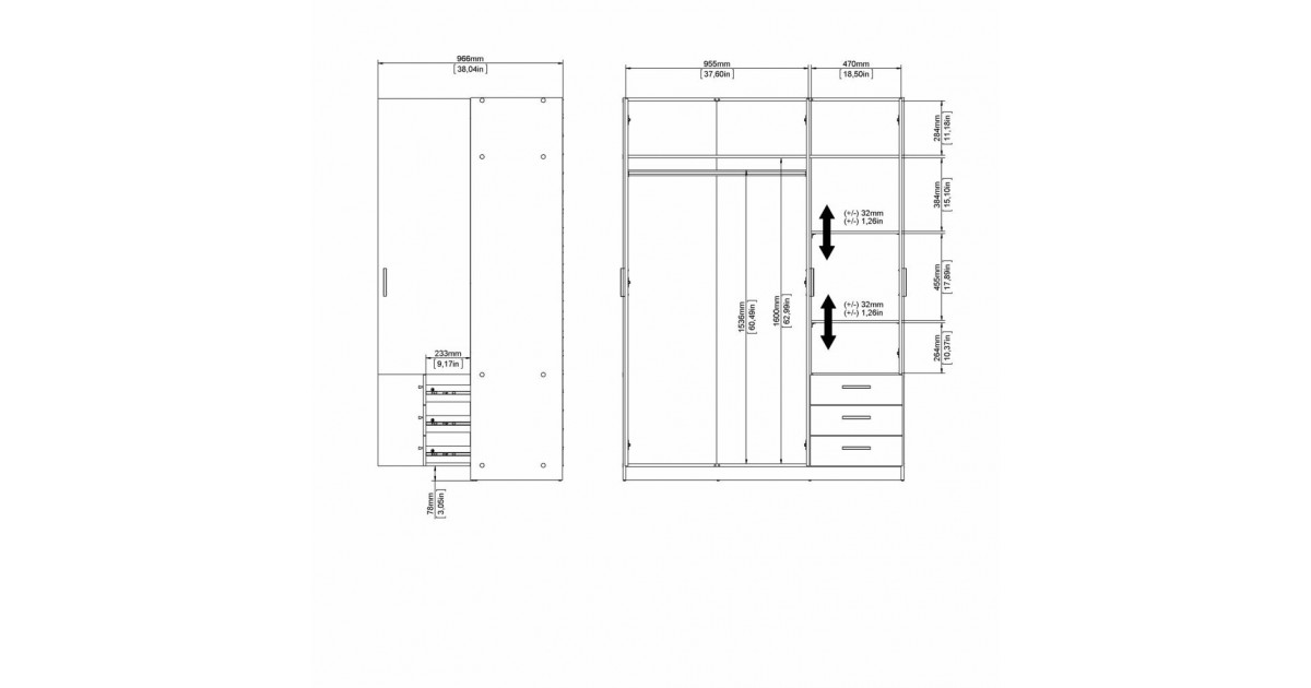Armadio Guardaroba 3 Ante 3 Cassetti 150 cm Bianco