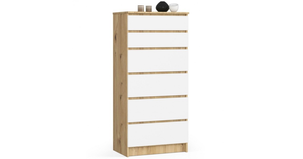 Cassettiera Moderna 60x40x130 Cm 6 Cassetti Bianco E Rovere Artika