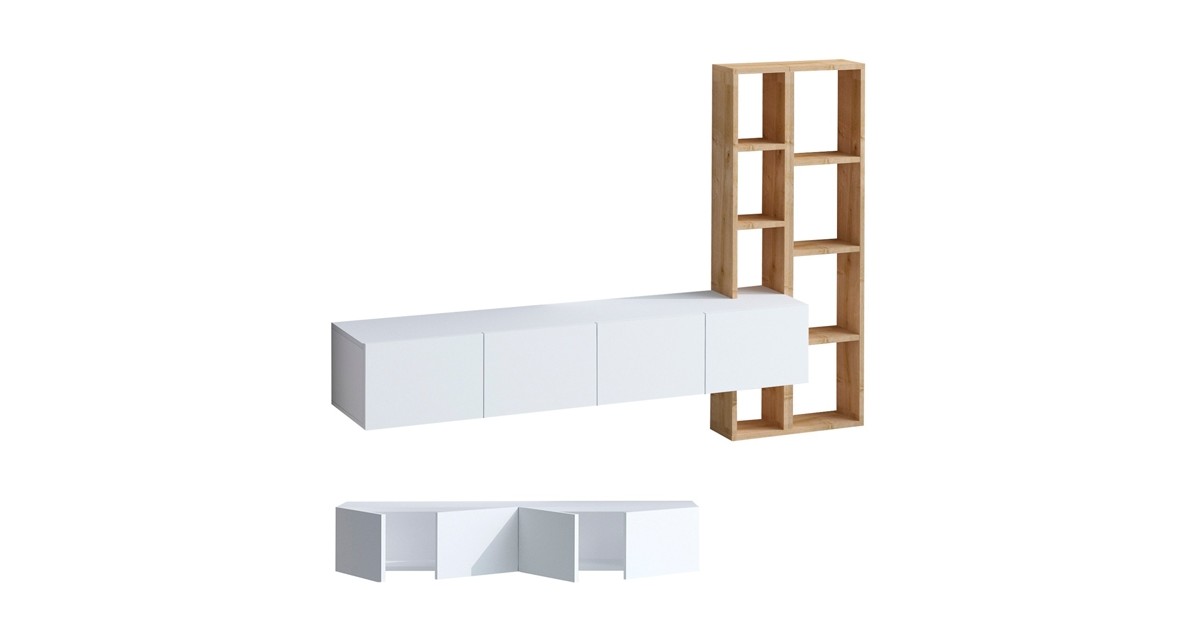 Mobile Porta TV Sospeso 182 Cm Bianco Con Libreria Effetto Legno Pana