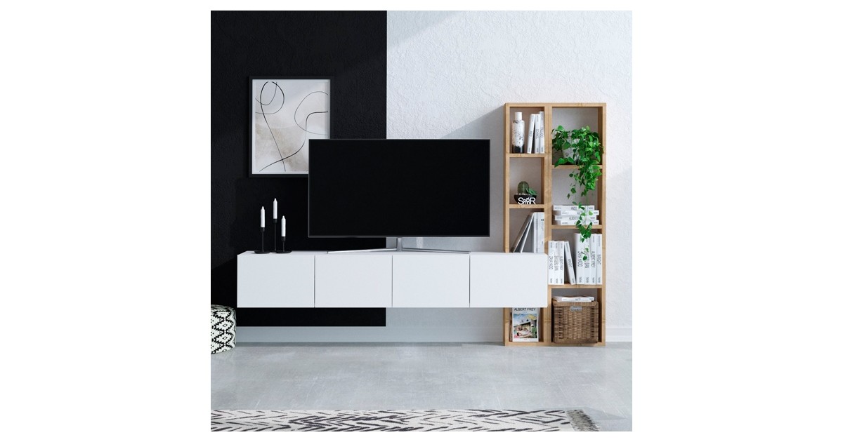 Mobile Porta TV Sospeso 182 Cm Bianco Con Libreria Effetto Legno Pana