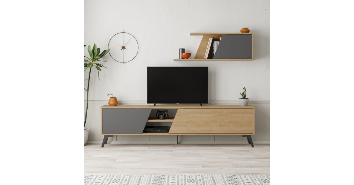 Mobile Porta TV vintage con anta antracite e mensola Fiona rovere