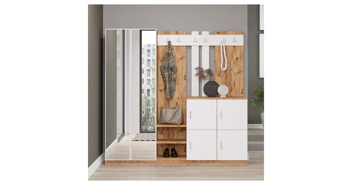 Mobile Ingresso Attaccapanni Con Scarpiera E Specchio Rovere E Bianco Rudi